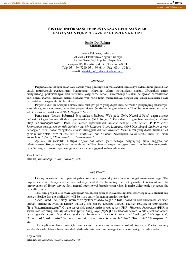 (PDF) Sistem Informasi Perpustakaan Berbasis Web Pada Sma Muhammadiyah 4 Palembang