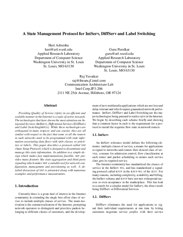 Pdf A State Management Protocol For Intserv Diffserv And Label Switching
