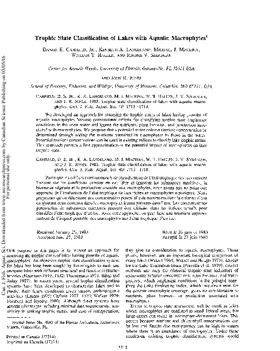 (PDF) Trophic State Classification of Lakes with Aquatic Macrophytes