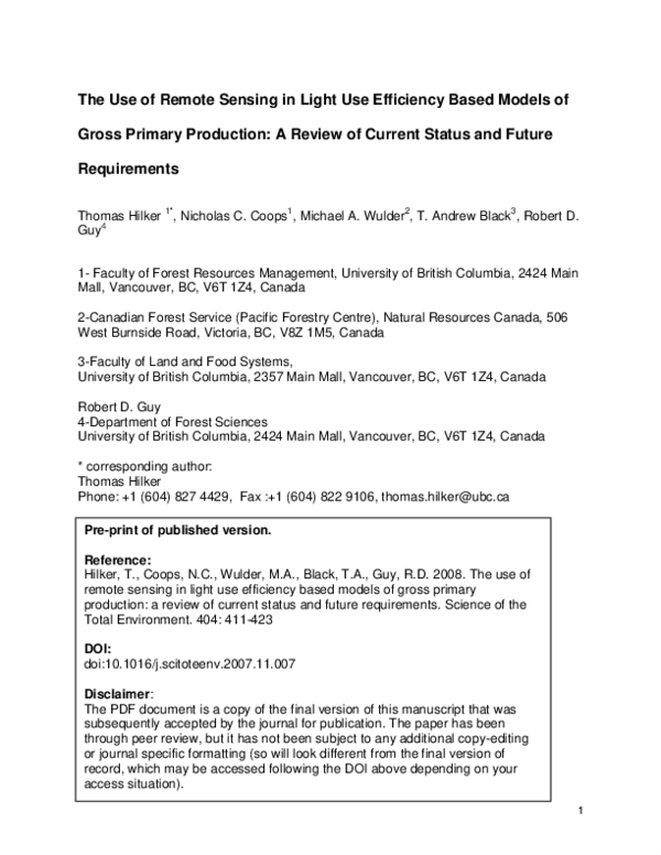 (PDF) The use of remote sensing in light use efficiency based models of ...
