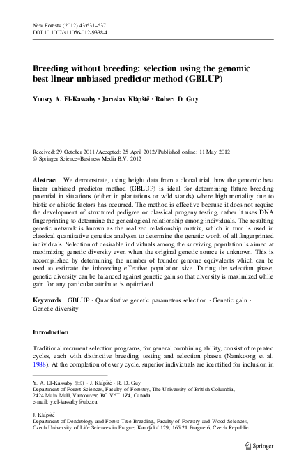 Pdf Breeding Without Breeding Selection Using The Genomic Best Linear Unbiased Predictor