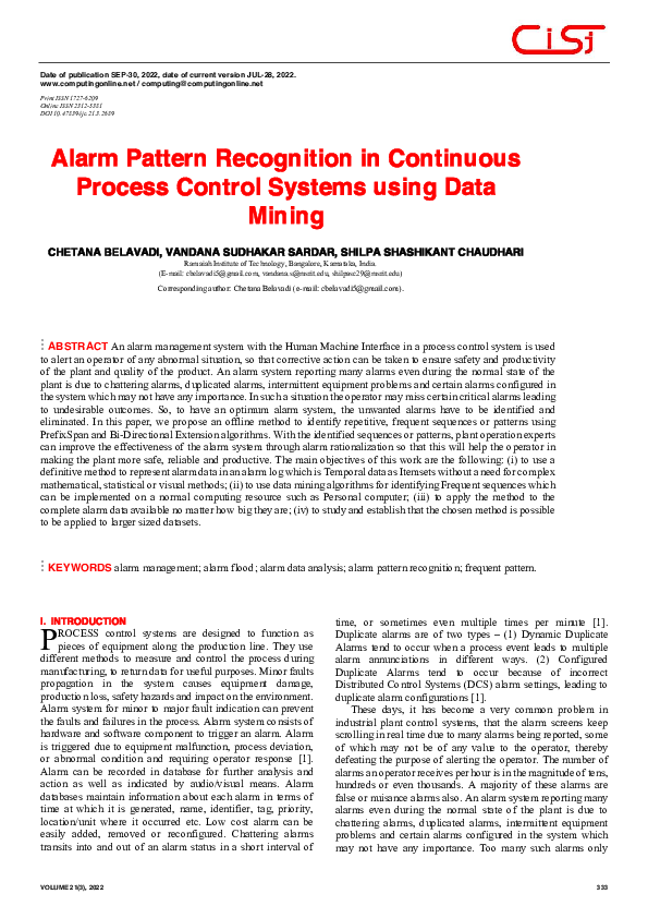 (PDF) Alarm Pattern Recognition in Continuous Process Control Systems using Data Mining
