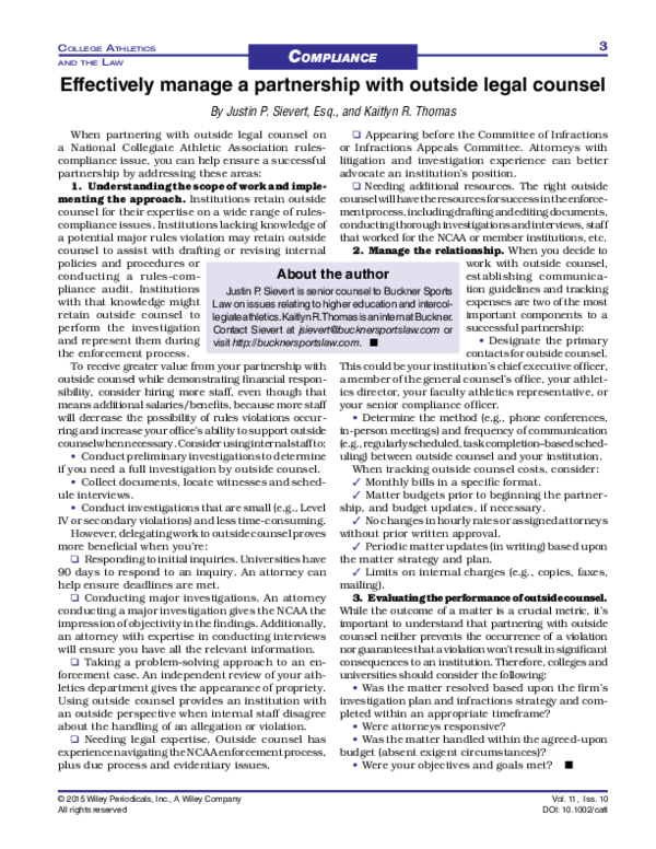 (PDF) Effectively manage a partnership with outside legal counsel
