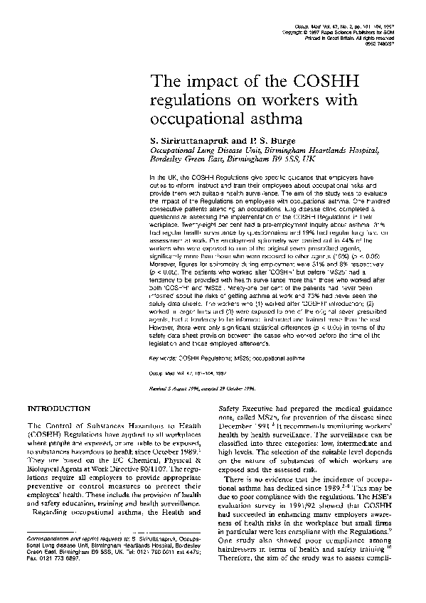 (PDF) The impact of the COSHH regulations on workers with occupational ...