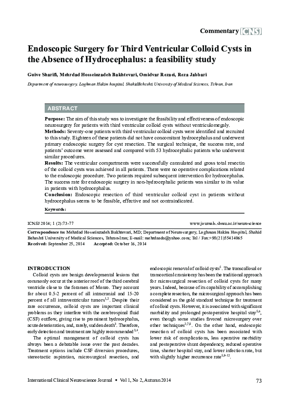 (PDF) Endoscopic Surgery for Third Ventricular Colloid Cysts in the ...