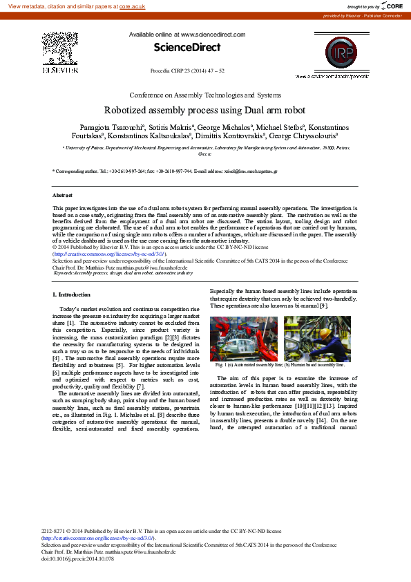 (PDF) Robotized Assembly Process Using Dual Arm Robot