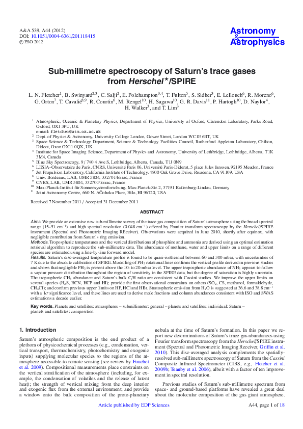 (PDF) Sub-millimetre spectroscopy of Saturn’s trace gases fromHerschel ...