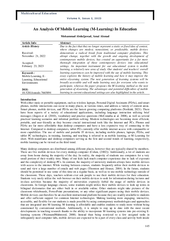 (PDF) An Analysis Of Mobile Learning (M-Learning) In Education