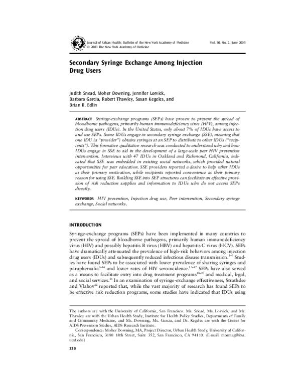 (PDF) Secondary Syringe Exchange Among Injection Drug Users