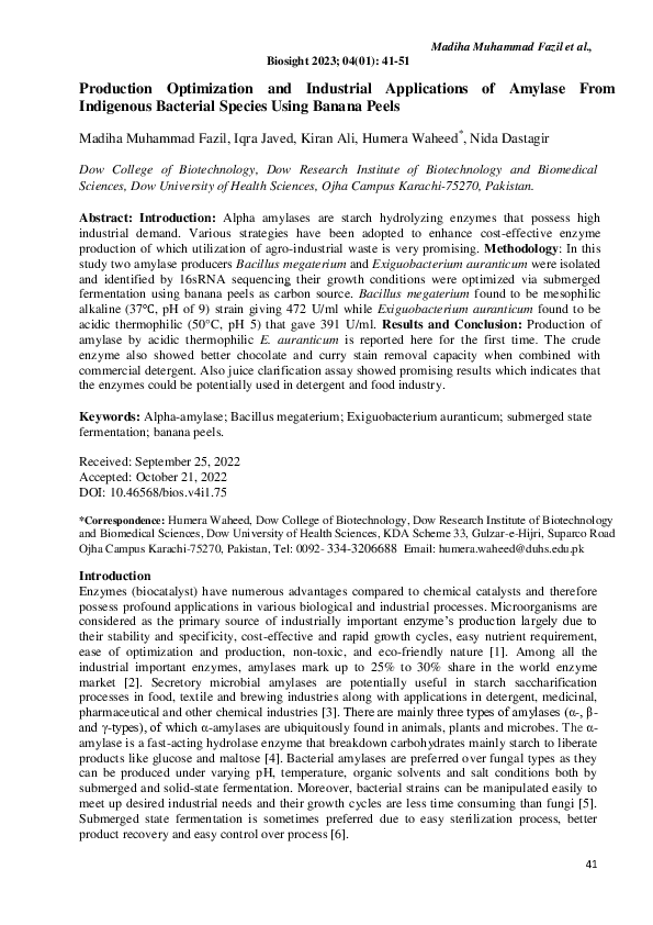 (PDF) Production Optimization and Industrial Applications of Amylase From Indigenous Bacterial ...