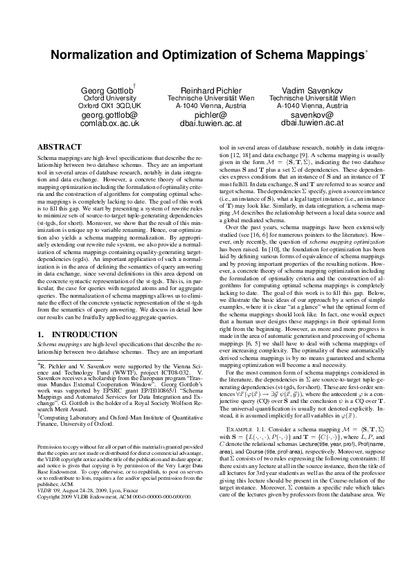 (PDF) Normalization and optimization of schema mappings
