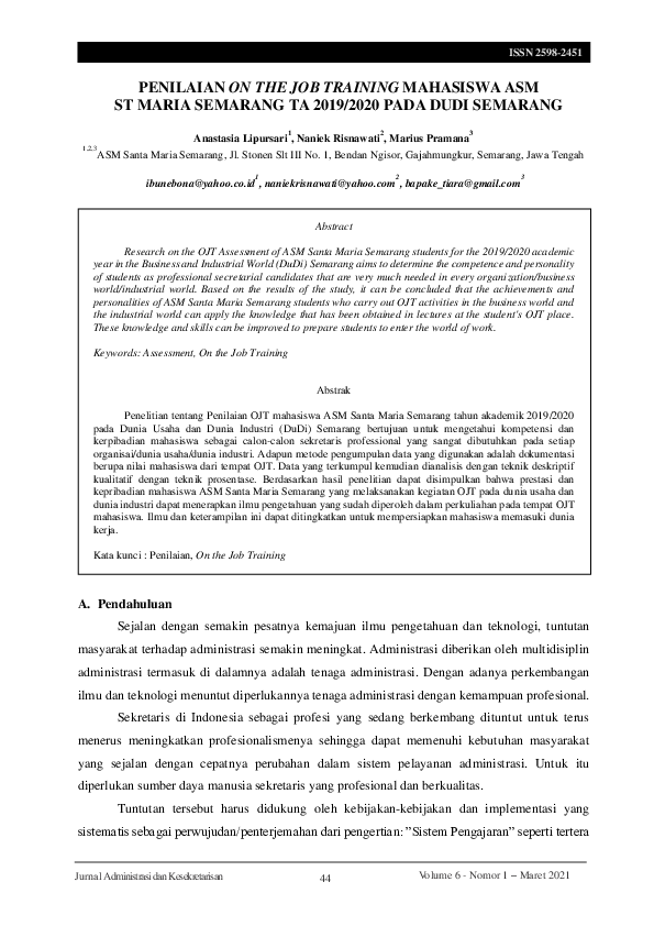 (PDF) Penilaian On The Job Training Mahasiswa ASM St. Maria Semarang TA 2019/2020 pada DUDI Semarang