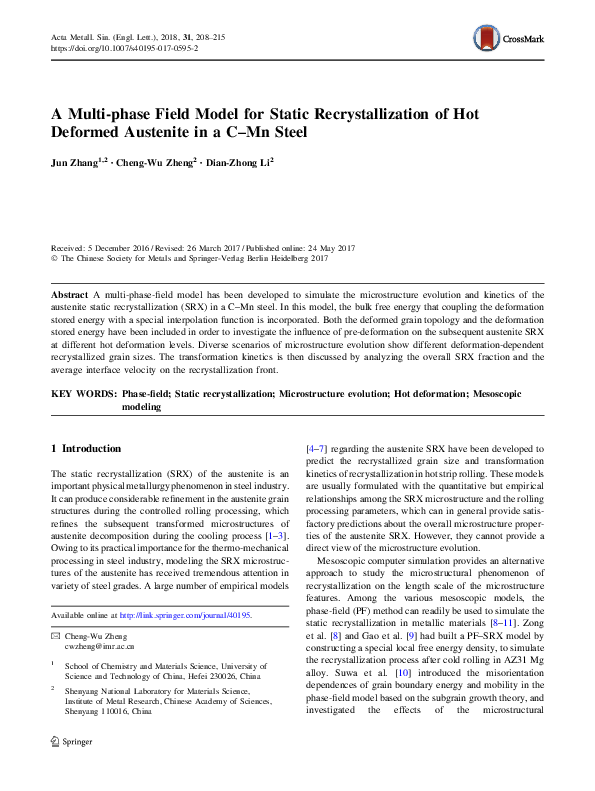 Pdf A Multi Phase Field Model For Static Recrystallization Of Hot Deformed Austenite In A C Mn