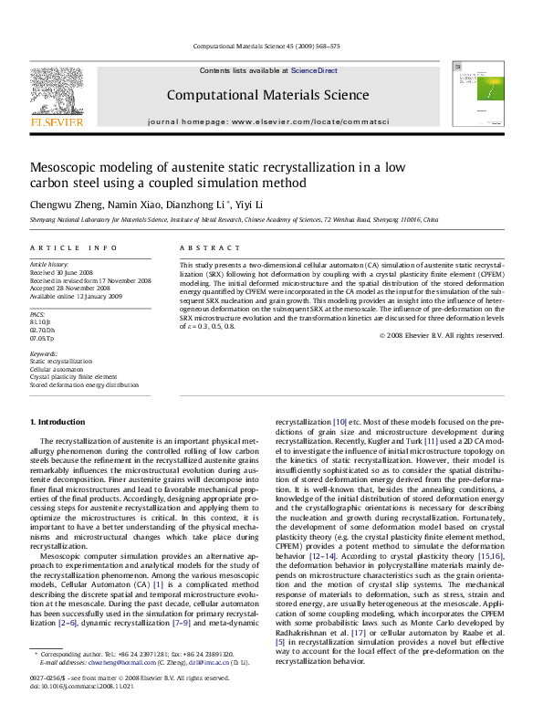 Pdf Mesoscopic Modeling Of Austenite Static Recrystallization In A Low Carbon Steel Using A