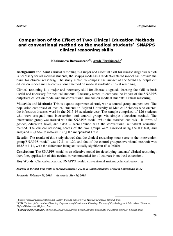 (PDF) Comparison of the Effect of Two Clinical Education Methods SNAPPS ...