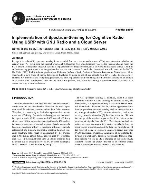 Pdf Implementation Of Spectrum Sensing For Cognitive Radio Using Usrp