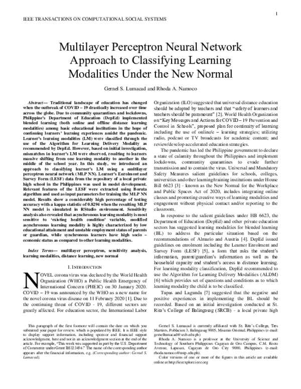 Pdf Multilayer Perceptron Neural Network Approach To Classifying Learning Modalities Under The
