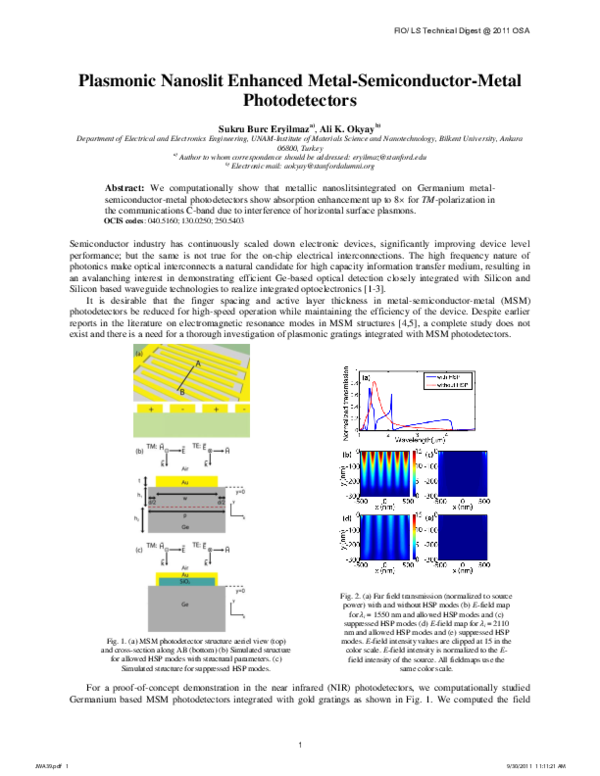 (PDF) Plasmonic Nanoslit Enhanced Metal-Semiconductor-Metal Photodetectors