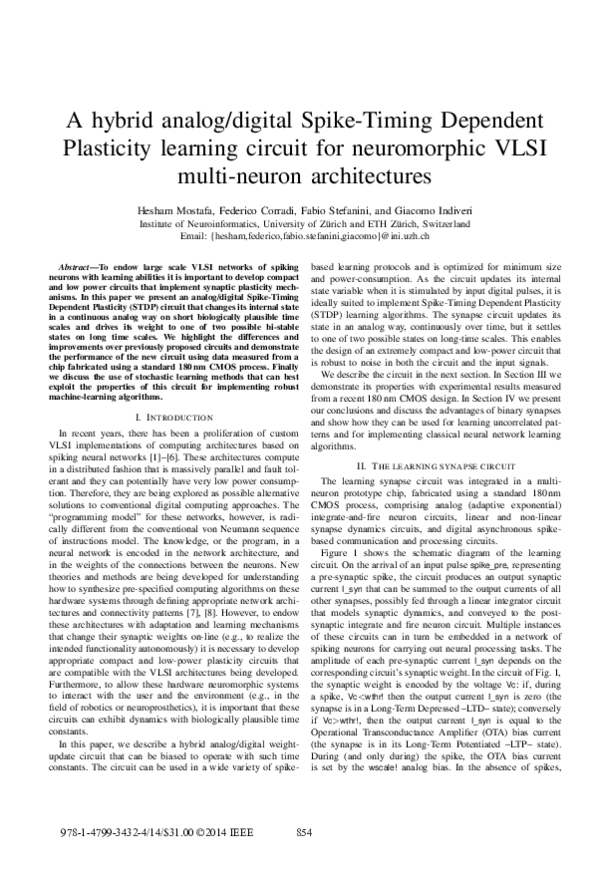 Pdf A Hybrid Analogdigital Spike Timing Dependent Plasticity Learning Circuit For
