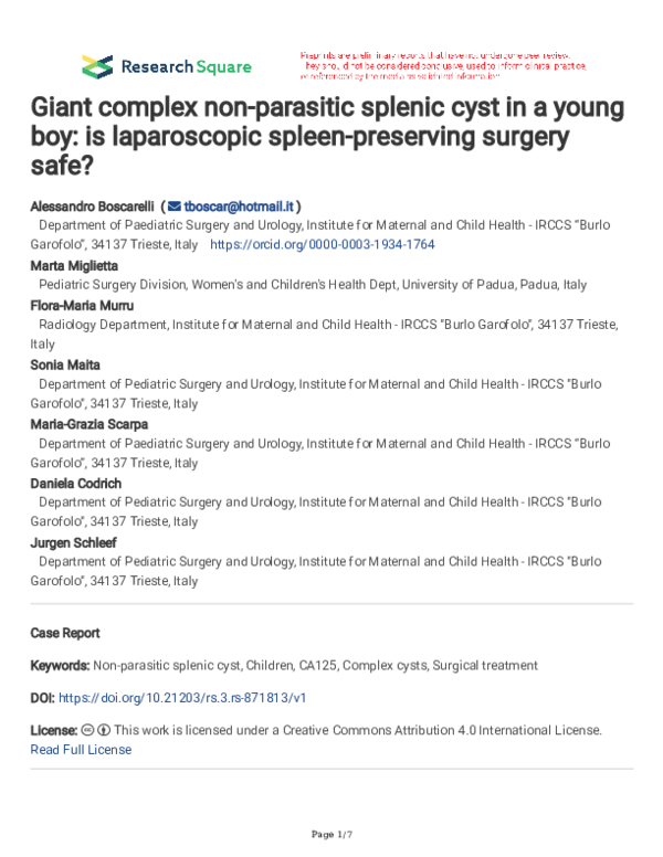 (PDF) Giant complex non-parasitic splenic cyst in a young boy: is ...