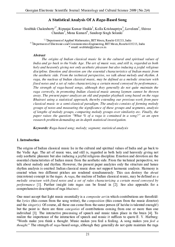 (PDF) A Statistical Analysis Of A Raga-Based Song | Dr. Soubhik ...