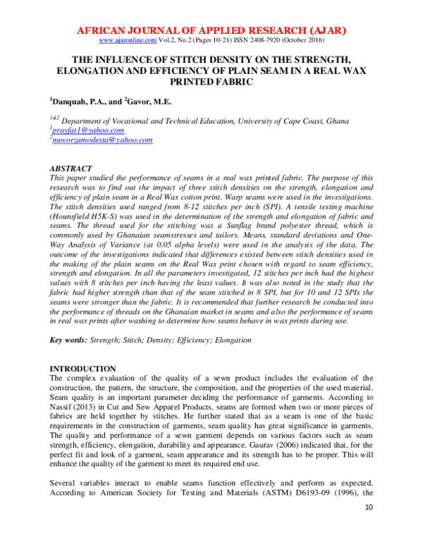 Pdf The Influence Of Stitch Density On The Strength Elongation And