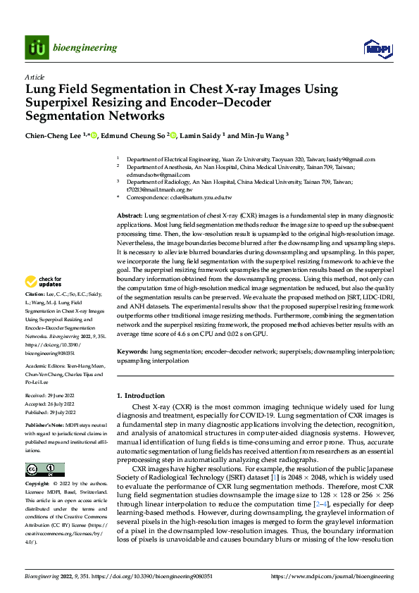 Pdf Lung Field Segmentation In Chest X Ray Images Using Superpixel Resizing And Encoder