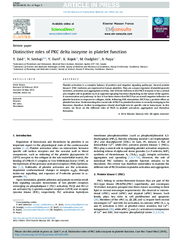 (PDF) Distinctive roles of PKC delta isozyme in platelet function