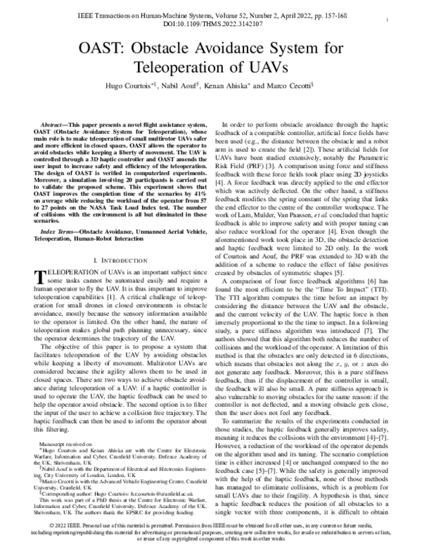 Pdf Oast Obstacle Avoidance System For Teleoperation Of Uavs