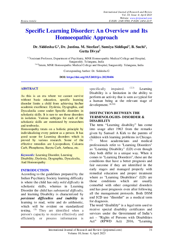 (PDF) Specific Learning Disorder: An Overview and Its Homoeopathic ...