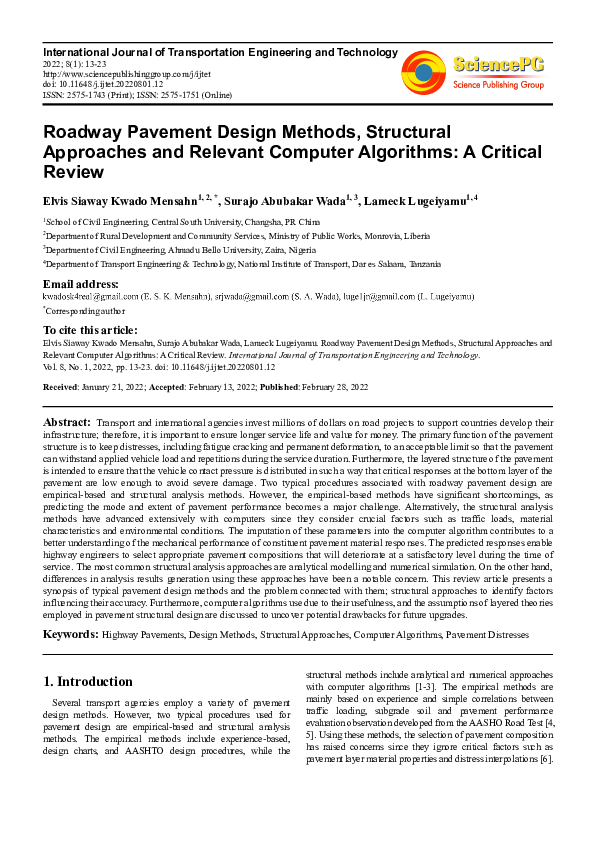 (PDF) Roadway Pavement Design Methods, Structural Approaches and Relevant Computer Algorithms: A ...