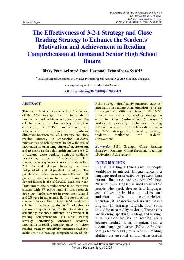 (PDF) The Effectiveness of 3-2-1 Strategy and Close Reading Strategy to ...