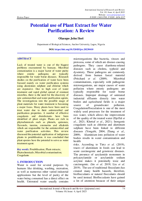 (PDF) Potential use of Plant Extract for Water Purification: A Review