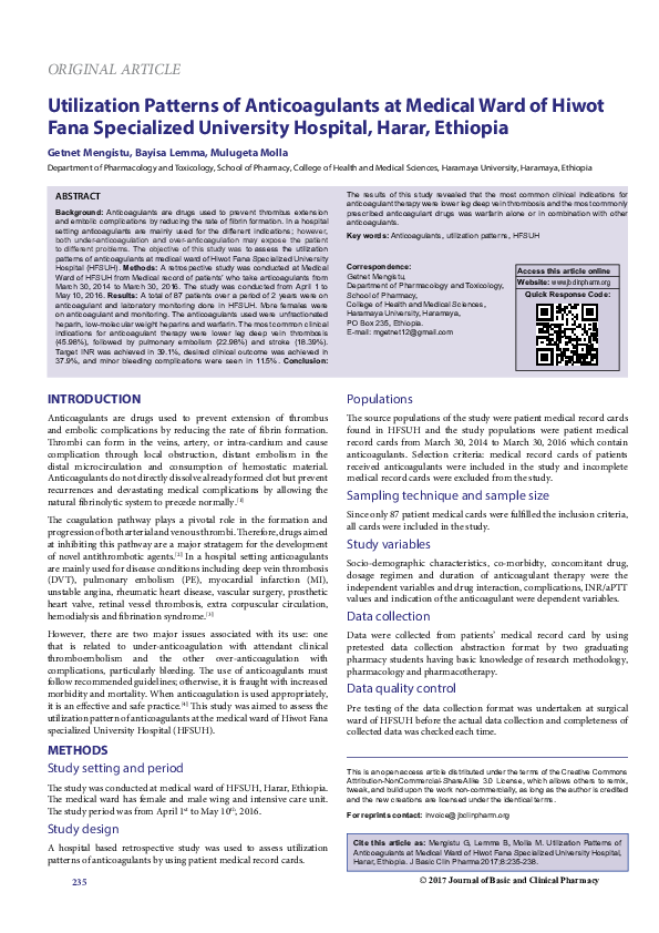 (PDF) Utilization Patterns of Anticoagulants at Medical Ward of Hiwot ...