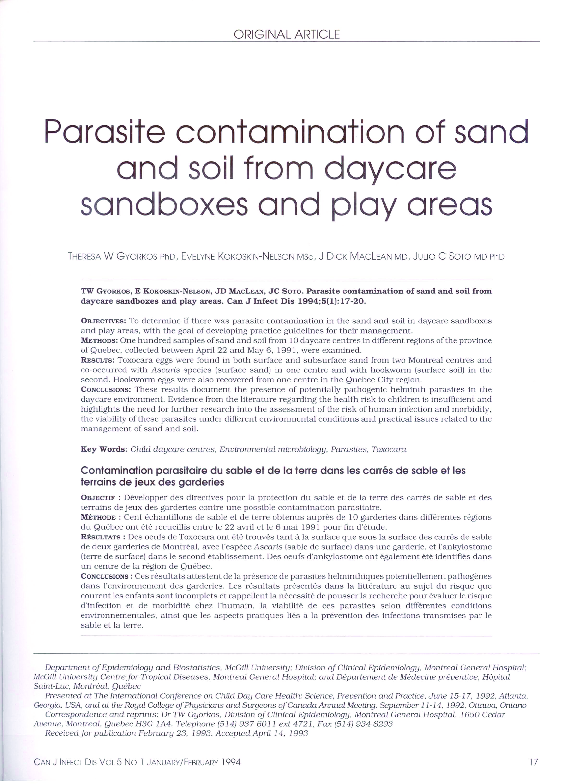 Parasite Contamination of Sand and Soil from Daycare Sandboxes and Play ...