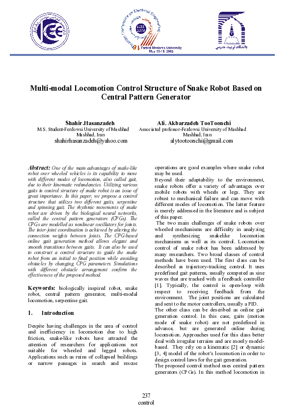 (PDF) Multi-modal Locomotion Control Structure of Snake Robot Based on Central Pattern Generator