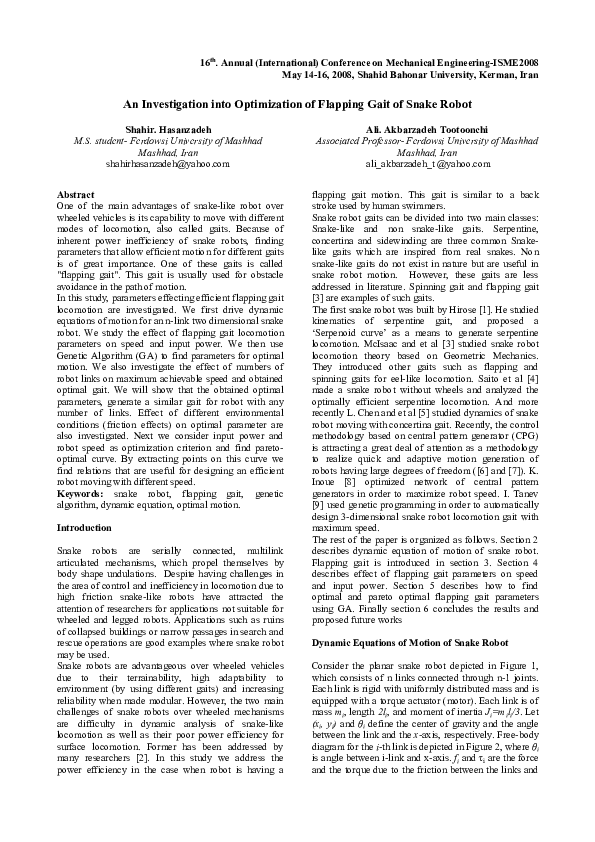 (PDF) An Investigation into Optimization of Flapping Gait of Snake Robot