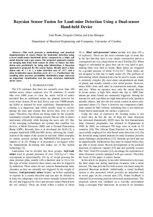 Pdf Bayesian Sensor Fusion For Land Mine Detection Using A Dual Sensor Hand Held Device