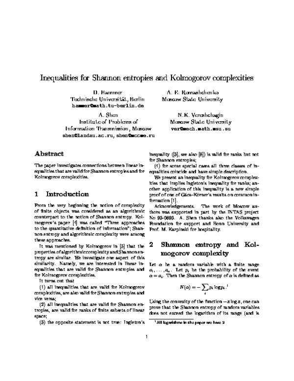 (PDF) Inequalities for Shannon entropies and Kolmogorov complexities | alexander shen - Academia.edu