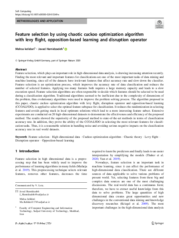 (PDF) Feature selection by using chaotic cuckoo optimization algorithm with levy flight ...