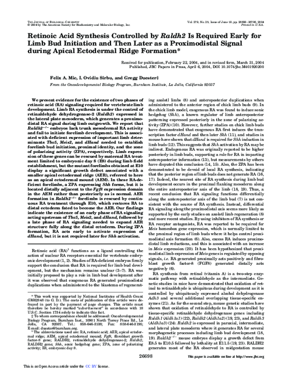 (PDF) Retinoic Acid Synthesis Controlled by Raldh2 Is Required Early ...