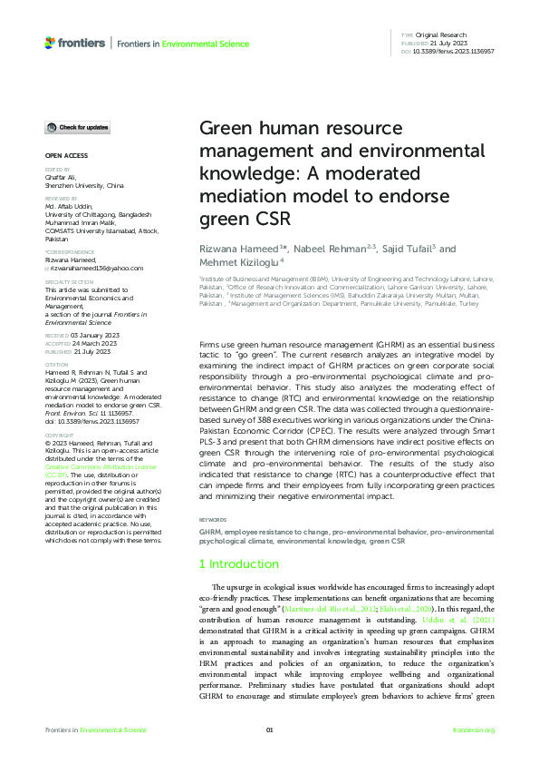 (PDF) Green human resource management and environmental knowledge: A moderated mediation model ...