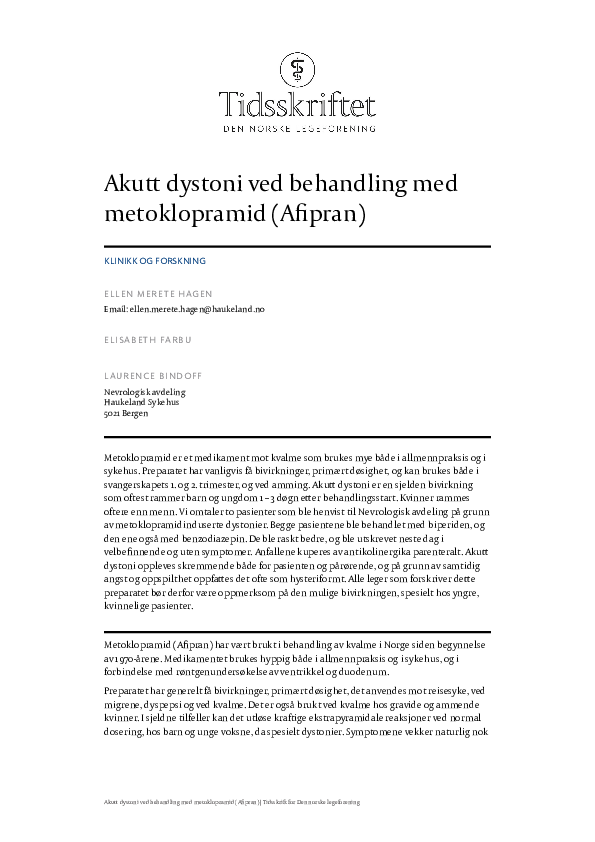 (PDF) Akutt dystoni ved behandling med metoklopramid (Afipran)