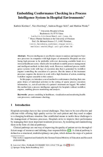 Pdf Embedding Conformance Checking In A Process Intelligence System In Hospital Environments
