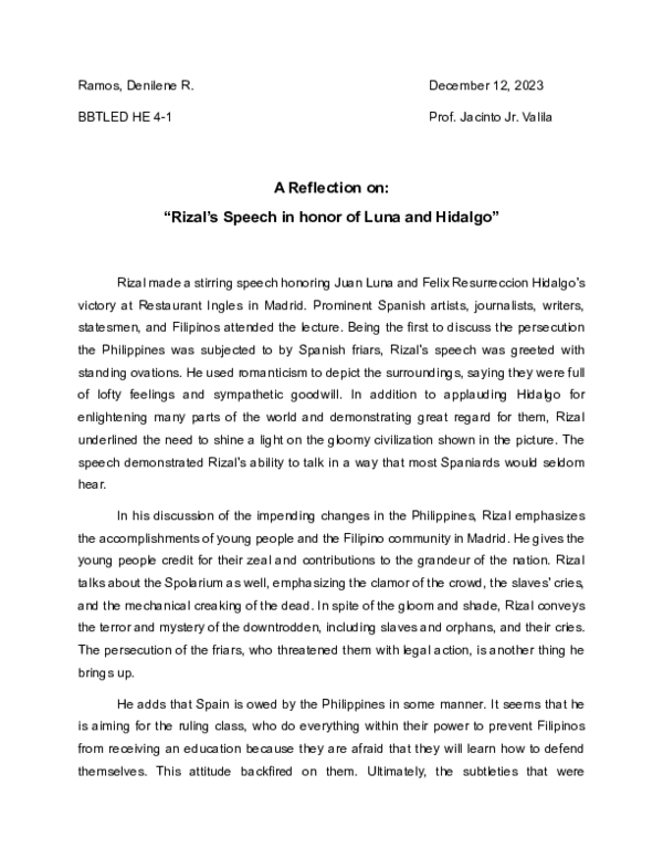 (PDF) A Reflection on Rizal's speech in honor of Luna and Hidalgo