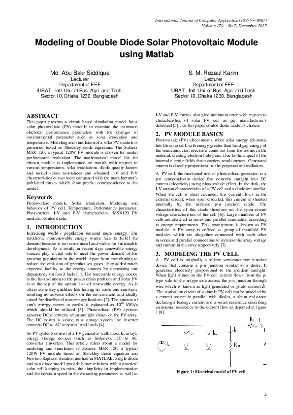 Pdf Modeling Of Double Diode Solar Photovoltaic Module Using Matlab