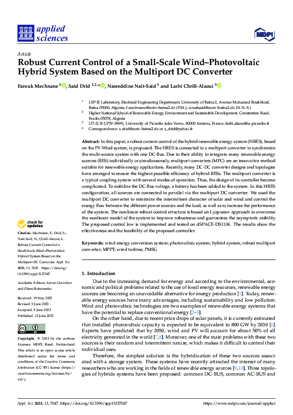 (PDF) Robust Current Control of a Small-Scale Wind–Photovoltaic Hybrid System Based on the ...