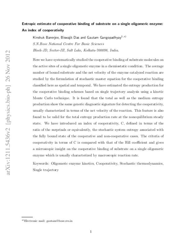 (PDF) Entropic estimate of cooperative binding of substrate on a single ...