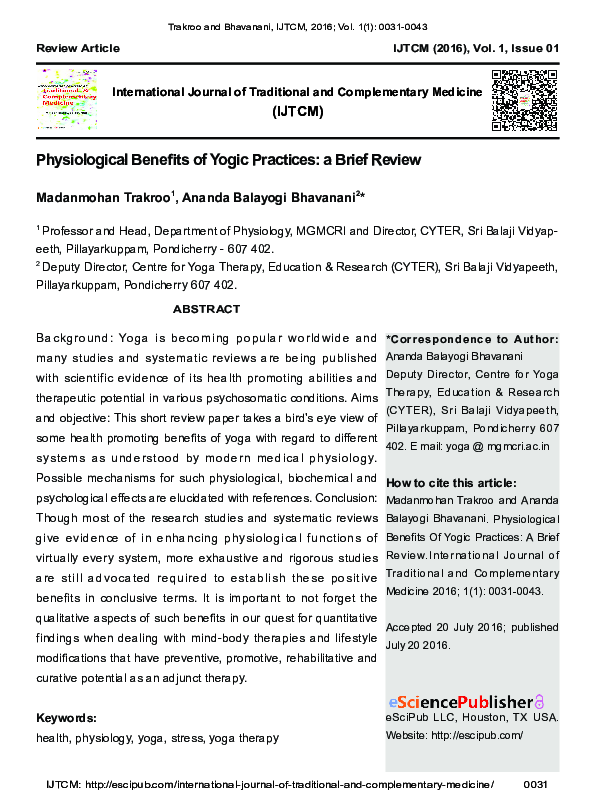 (PDF) Physiological Benefits Of Yogic Practices: A Brief Review