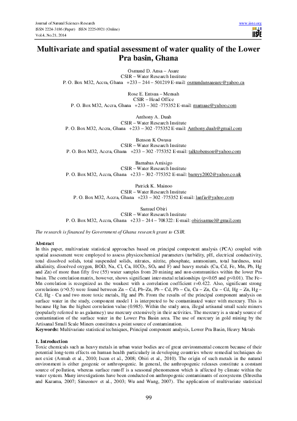 (PDF) Multivariate and spatial assessment of water quality of the Lower Pra basin, Ghana | Rose ...